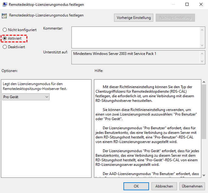 Remotedesktop-Lizenzproblem 60 Minuten auf Windows Server 2019, 2022
